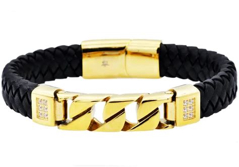 Mens Black Leather And Gold Stainless Steel Curb Link Bracelet With