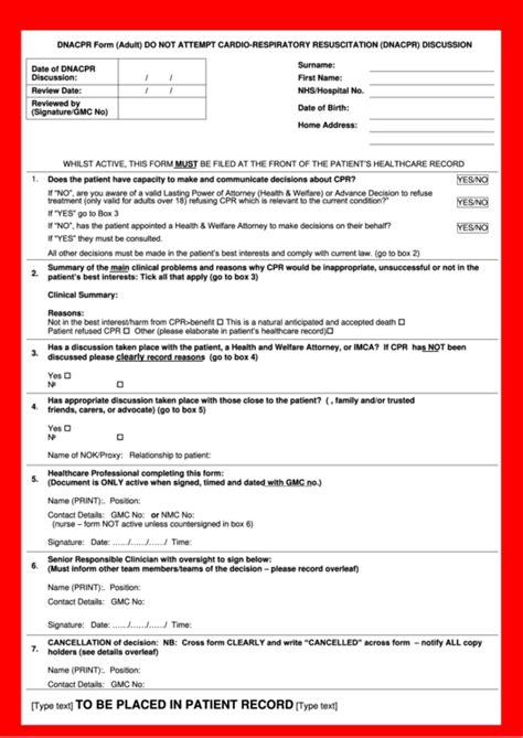 Dnacpr Form Adult Do Not Attempt Cardio Respiratory Resuscitation