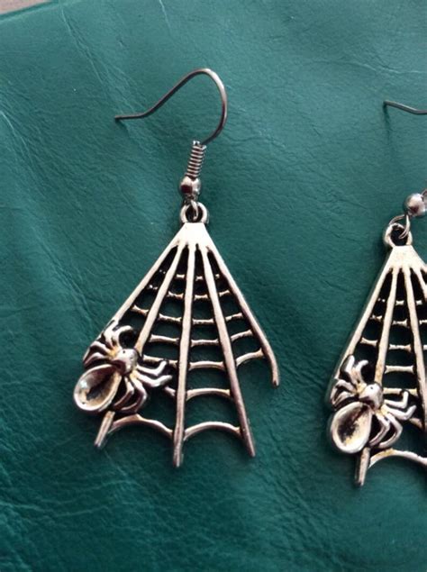 Vintage 1980s 1990s Earrings Silver Tone Spiders In A Web Pierced Wires