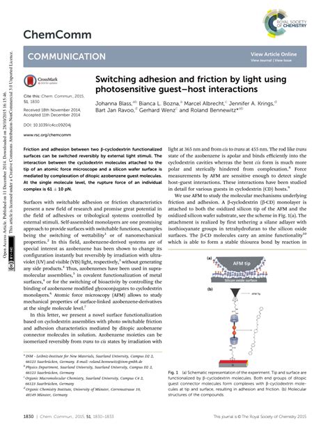Pdf Switching Adhesion And Friction By Light Using Photosensitive Guest Host Interactions