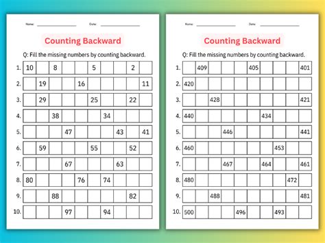 Printable Counting Backward 1 To 500 Number Math Worksheet For Grade 1