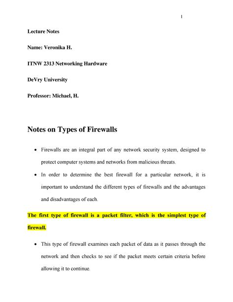 Notes On Firewalls Lecture Notes Name Veronika H ITNW 2313 Networking Hardware DeVry