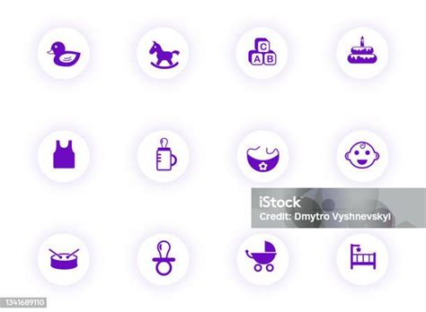 보라색 그림자가있는 밝은 둥근 버튼에 아기 보라색 색상 벡터 아이콘 웹 모바일 앱 Ui 디자인 및 인쇄를 위한 베이비 아이콘 세트 0명에 대한 스톡 벡터 아트 및 기타