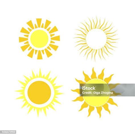 흰색 배경에 태양 벡터 세트 노란 태양의 미니멀 한 양식화 된 스케치 손으로 그린 다른 태양의 간단한 스케치 개체 그룹에 대한