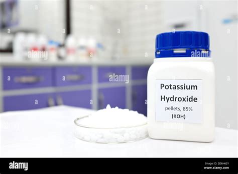 Selective Focus Of A Bottle Of Pure Potassium Hydroxide Or Koh Chemical