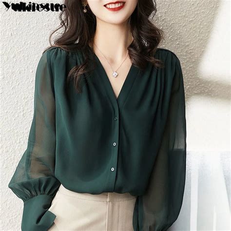 우아한 한국 스타일 긴팔 프릴 블라우스 여성용 오피스 레이디 상의 한국 스타일 봄 여름 Aliexpress
