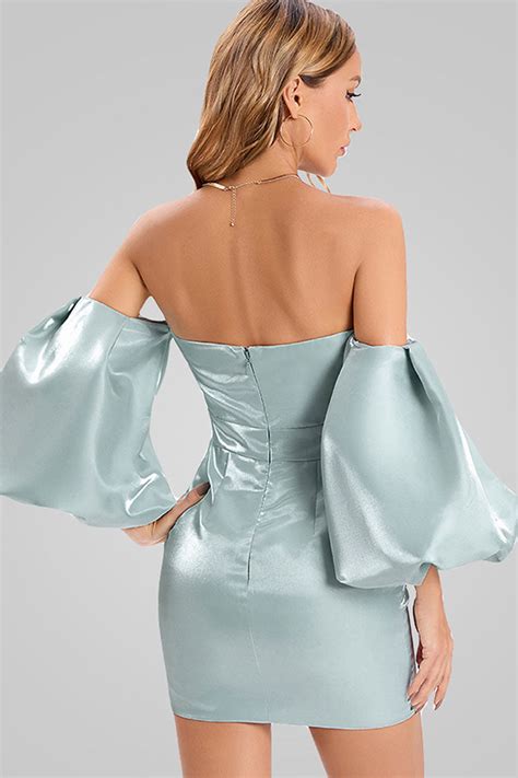 Silky Puff Sleeve Satin Off Shoulder Cocktail Mini Dress Turquoise