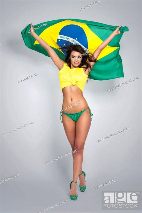 Smiling Sexy Woman With Brazilian Flag Debica Poland Stock Photo Picture And Royalty Free