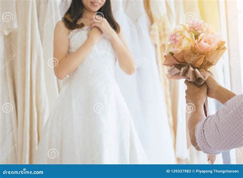 Groom Give Flower To Surprise Brideasain Woman Positive Emotion And