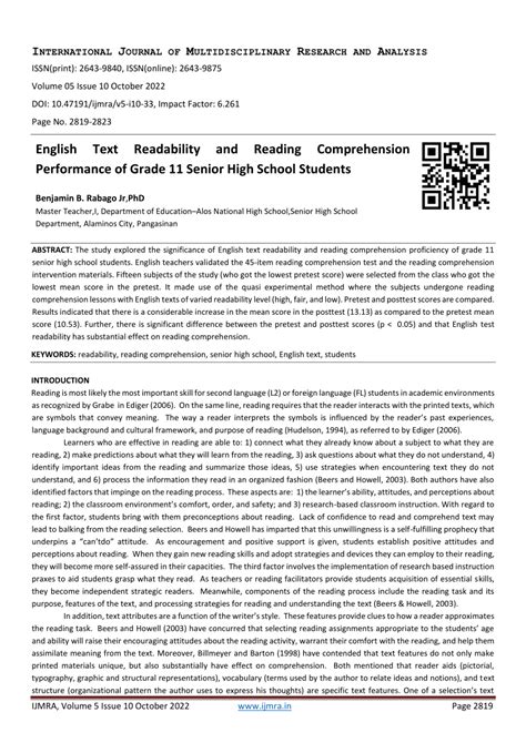 Pdf English Text Readability And Reading Comprehension Performance Of