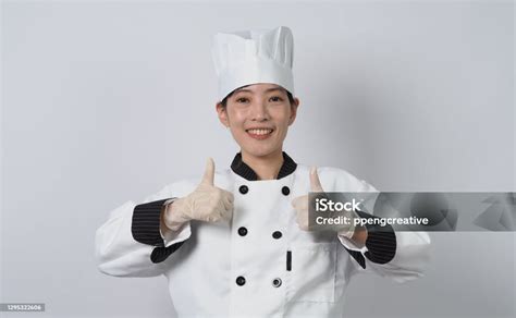 Chef Gesturing Portrait Beautiful Asian Woman Cook Wearing Hat And Chef