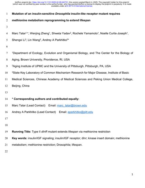 Pdf Mutation Of An Insulin Sensitive Drosophila Insulin Like Receptor