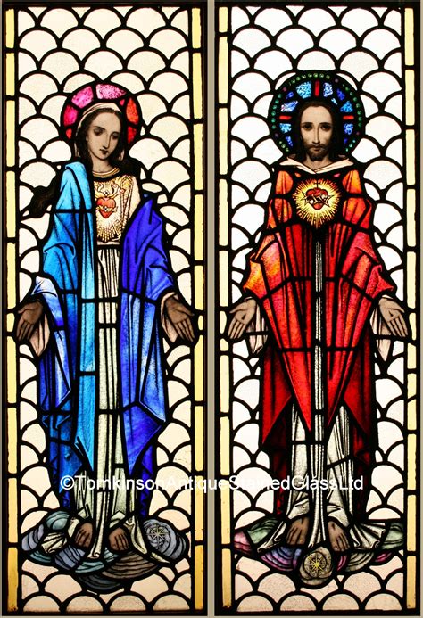 Ref Rel245 2 Antique Religious Church Stained Glass Windows Mary