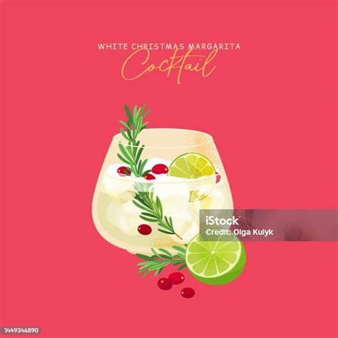 화이트 크리스마스 마가리타 칵테일 크랜베리와 로즈마리를 곁들인 코코넛 마가리타 빨간색 배경에 겨울 휴일 알코올 음료 그림 겨울에 대한 스톡 벡터 아트 및 기타 이미지