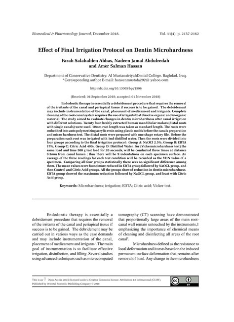 Pdf Effect Of Final Irrigation Protocol On Dentin Microhardness