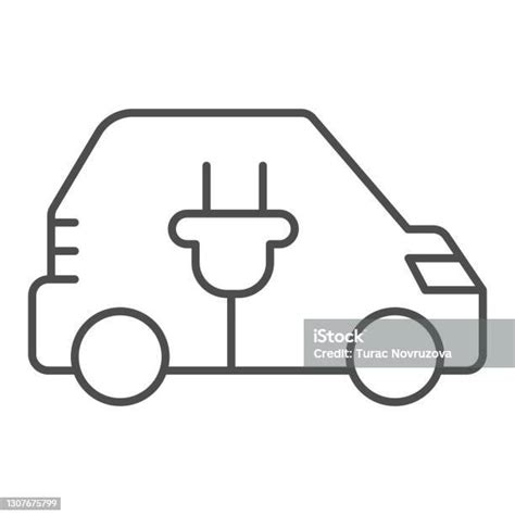 자동차와 플러그 얇은 라인 아이콘 전기 자동차 개념 흰색 배경에 Ev 전송 로고 사인 모바일 개념 및 웹 디자인을위한 윤곽 스타일 하이브리드 전기 자동차 아이콘 벡터 그래픽
