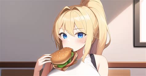 Aiイラスト 【旧novelai】巨乳金髪ポニテはハンバーガーもお好き？ 月鏡のイラスト Pixiv
