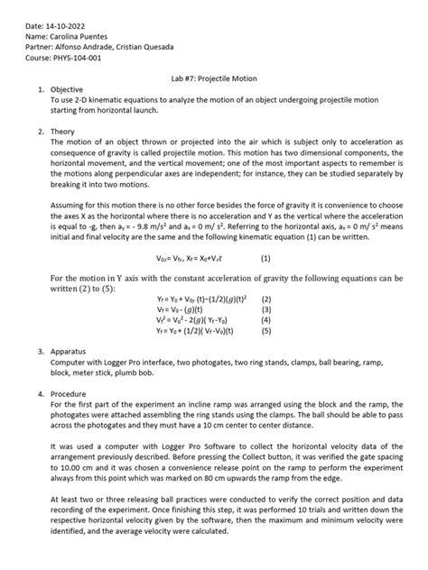 Projectile Motion Lab Pdf Acceleration Force