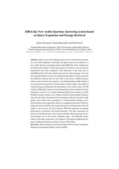Pdf Idraaq New Arabic Question Answering System Based On Query Expansion And Passage Retrieval