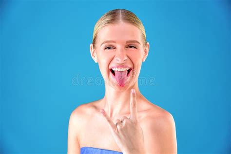 Perfect Blonde Girl Young Blonde Girl At Blue Background Close Up