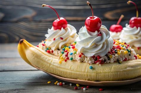 Tall Banana Split With Whipped Cream And Sprinkles Extreme Closeup