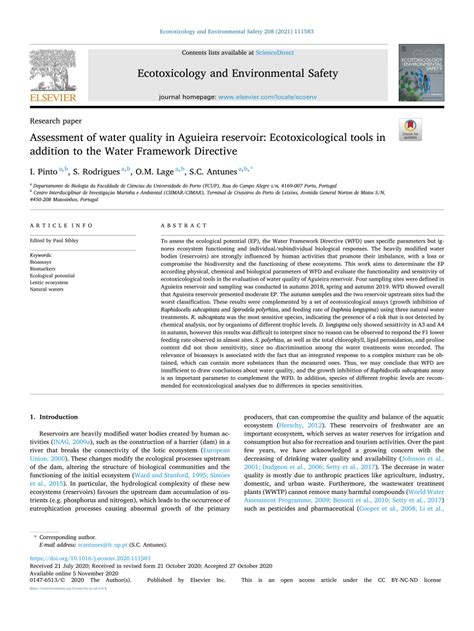 Pdf Assessment Of Water Quality In Aguieira Reservoir Ecotoxicological Tools In Addition To