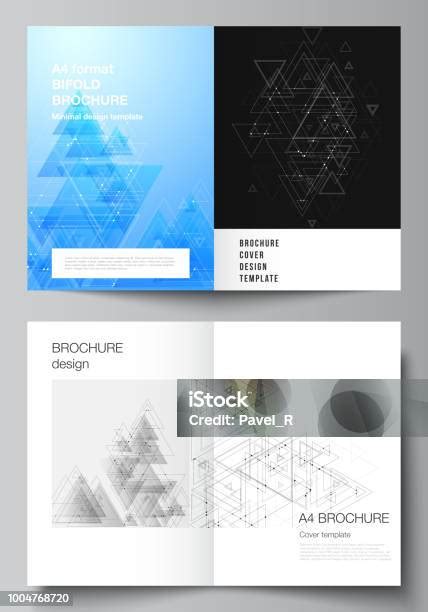 向量可編輯佈局的兩個 A4 格式封面版面設計範本的 Bifold 摺頁冊 雜誌 傳單多邊形背景與三角形 連接點和線連接結構向量圖形及更多三角形