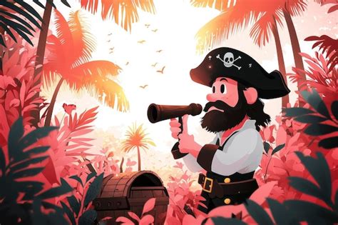 Pirate Looking Through Telescope In Tropical Jungle Premium Ai