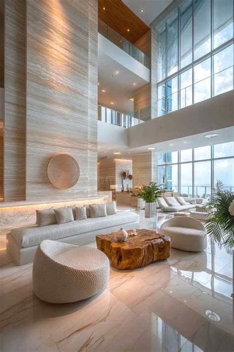 A Large Living Room Filled With Furniture And A Large Window Stock