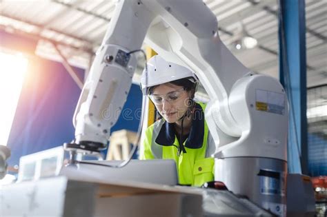 Female Technician Engineer Using Laptop Checking Automation Robotics At