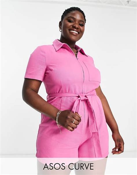 Asos Design Curve Combishort En Sergé à Fermeture éclair Rose Asos