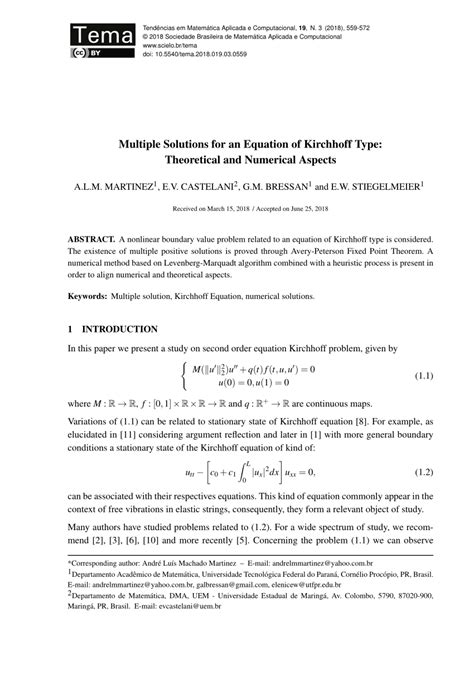 Pdf Multiple Solutions For An Equation Of Kirchhoff Type Theoretical And Numerical Aspects