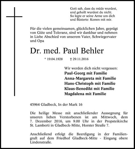 Traueranzeigen Von Paul Behler Trauer In Nrw De