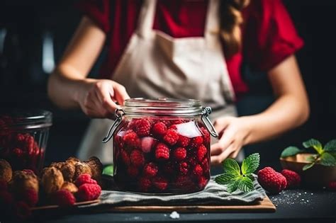 Premium Ai Image Woman Making Sweet Raspberry Jam Closeup Premium Ai Image Woman Making Sweet Raspberry Jam Closeup