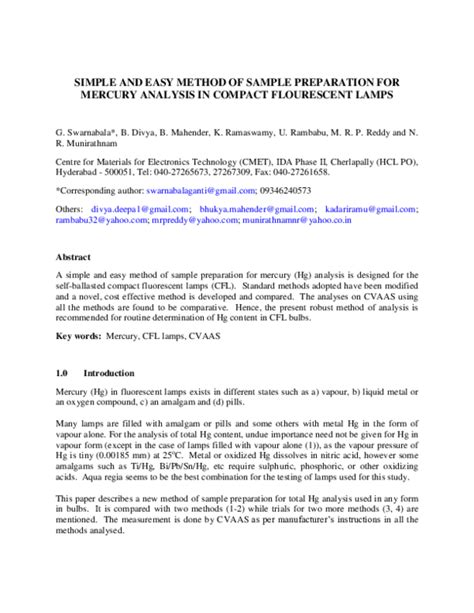 Pdf Simple And Easy Method Of Sample Preparation For Mercury Analysis In Compact Flourescent Lamps