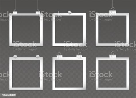 바인더 클립과 버튼에 매달려 실버 스퀘어 사진 프레임세트 Mockup 샤이니 벡터 3d 사실 어두운 투명 배경에 빈 템플릿6