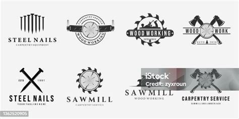 목공 아이콘 빈티지 벡터 일러스트 템플릿 디자인세트 다양한 장인 또는 목수 장비 제재소 망치 도끼 손톱 나무 목재 잭 잭 비행기 아이콘 디자인의 번들 컬렉션 목공에 대한