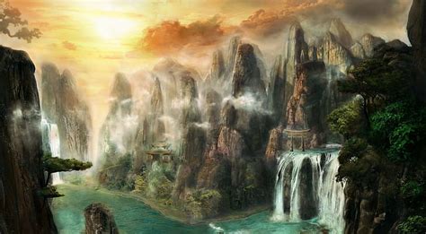 arte digital fantasía arte naturaleza montaña paisaje cascada árboles asiático arquitectura río