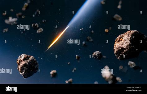 A 3d Illustration Of Asteroids Falling To Earth With Stars In The