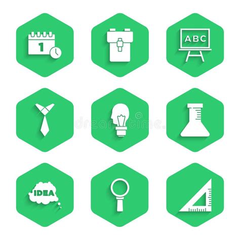 Set Light Bulb With Concept Of Idea Magnifying Glass Triangular Ruler Test Tube And Flask