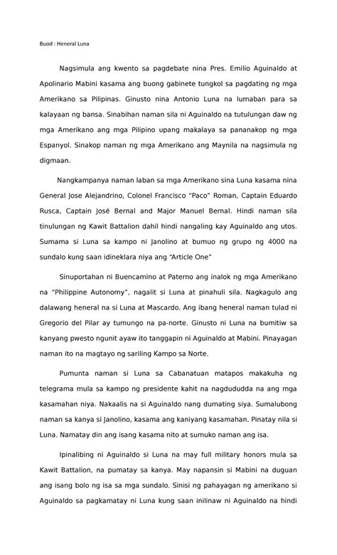 Buod Ng Akda Ni Heneral Luna Na Nagpakasakit Sa Ating Bayan Buod Heneral Luna Nagsimula Ang