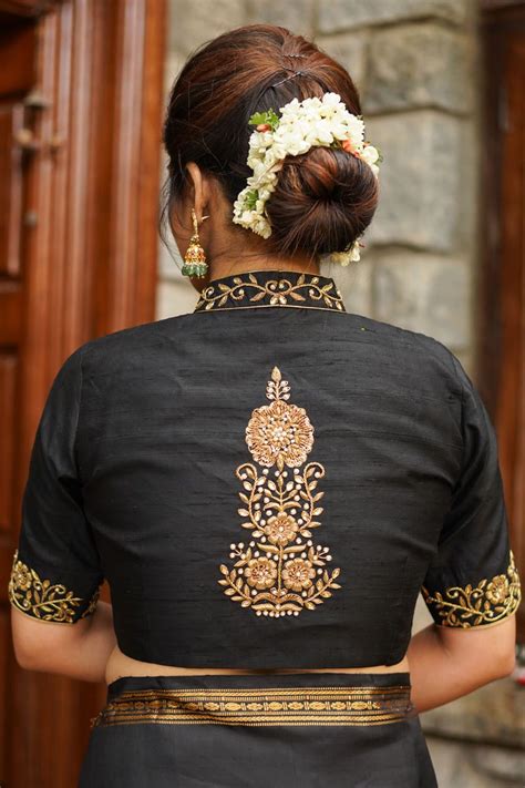 Black Raw Silk Chinese Collar Blouse With Zardosi Work Designer Saree