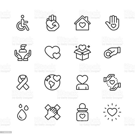 자선 및 기부 라인 아이콘입니다 편집 가능한 스트로크입니다 픽셀 완벽한 모바일 및 웹용 자선 기부 장애 기부 헌혈 팀워크 와 같은 아이콘이 포함되어 있습니다 아이콘에 대한