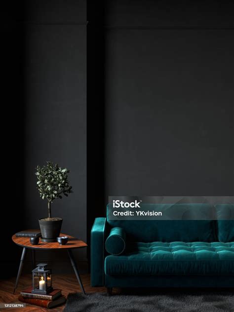 녹색 벨루어 소파 테이블 모피 카펫과 장식과 검은 인테리어 3d 렌더링 그림 모의 어두운 색에 대한 스톡 사진 및 기타 이미지 어두운 색 모델하우스 내부 벽 Istock