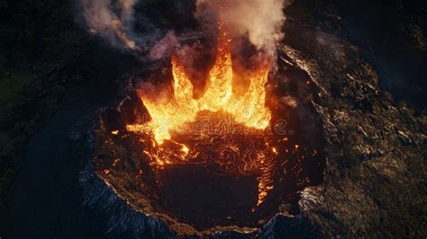 Breathtaking Aerial View Of A Volcano Eruption From Above Lava Crater