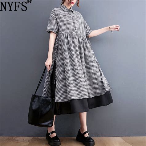 Nyfs 2022 뉴 여름 루스 우먼 드레스 Vestidos Robe Elbise Office 레이디 투피스 체크 무늬 반소매