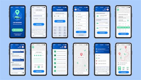 모바일 앱을위한 자동차 공유 고유 한 디자인 키트 지도 탐색 및 사용자 계정 메뉴가있는 온라인 렌트카 주문 화면 자동차 예약 서비스 Ui Ux 템플릿 세트 반응 형