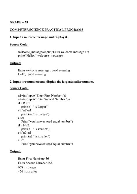 Grade Xi Cs Practical Programs Input Output And Patterns Studocu