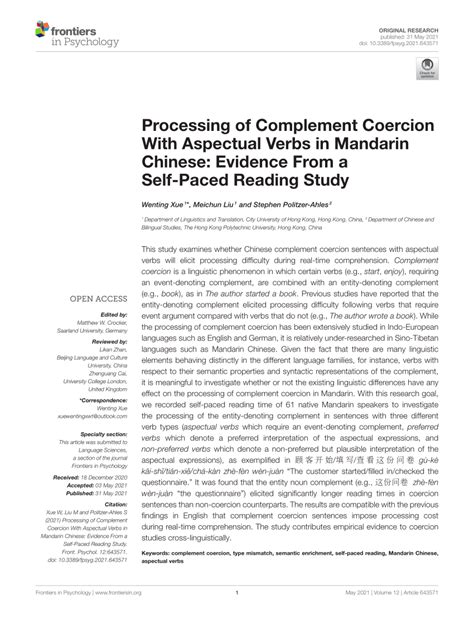 Pdf Processing Of Complement Coercion With Aspectual Verbs In Mandarin Chinese Evidence From