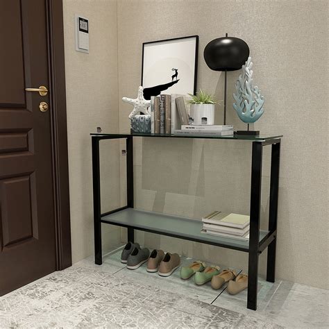 Adrinfly Console Table Double Layer Tempered Glass Rectangular Porch Table Black Leg Double